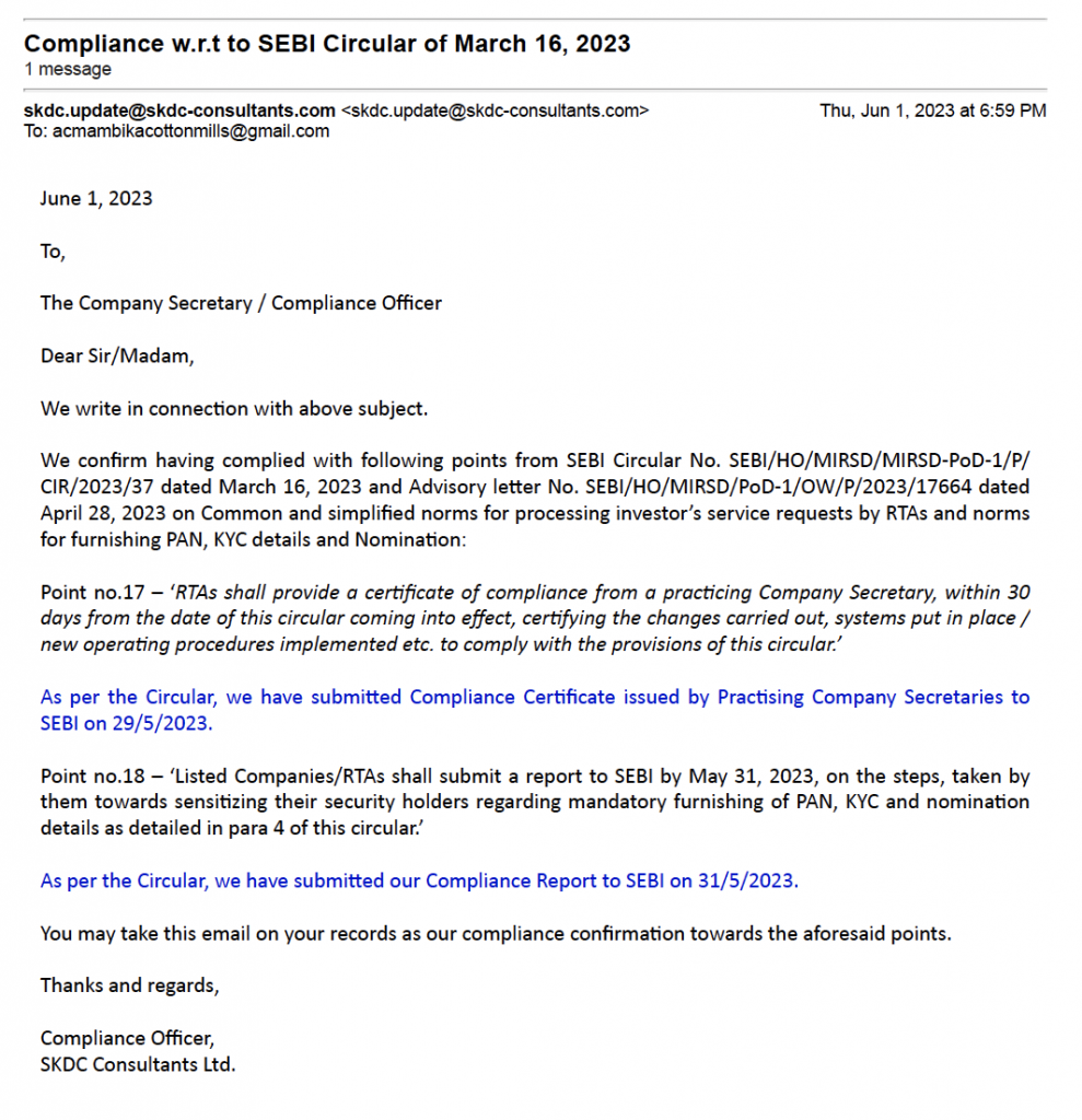 Share Transfer & Registrar – SKDC Compliance Letters – Ambika Cotton ...